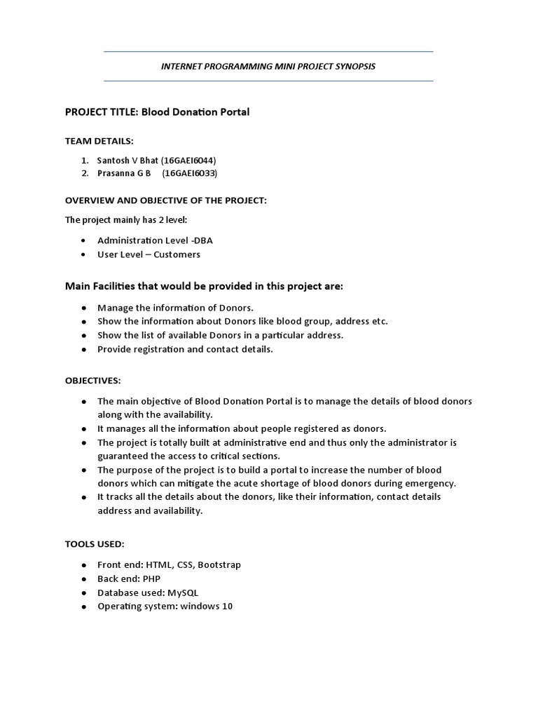 Internet Programming Mini Project Synopsis | PDF | Blood Donation ...