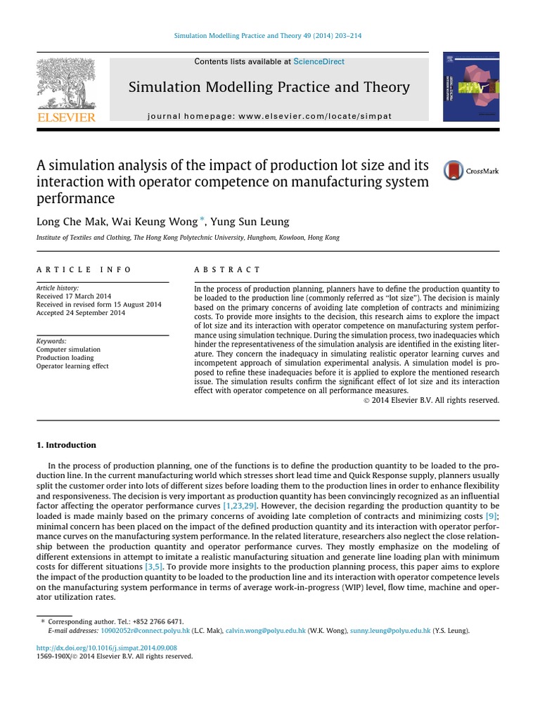 Simulation Modelling Practice and Theory: Long Che Mak, Wai Keung Wong, Yung Sun Leung | PDF ...