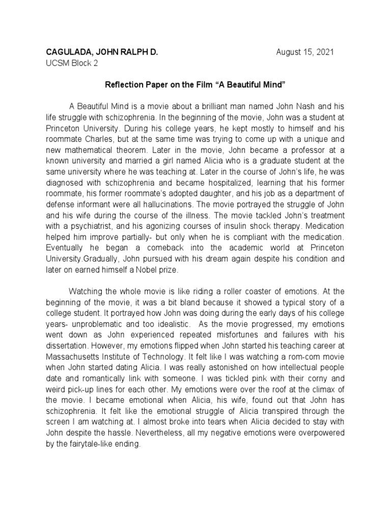 A Beautiful Mind Reflection Paper | PDF | Medicine | Medical Specialties