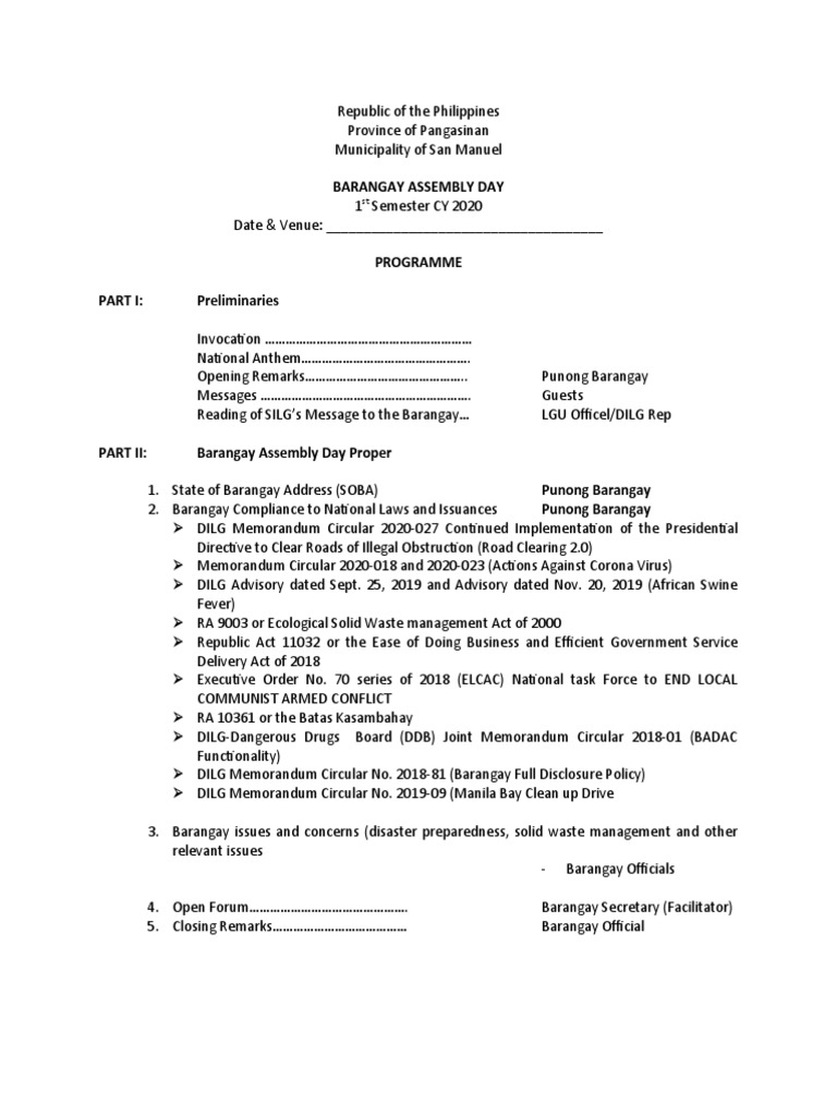 Barangay Assembly Programme | PDF | Government