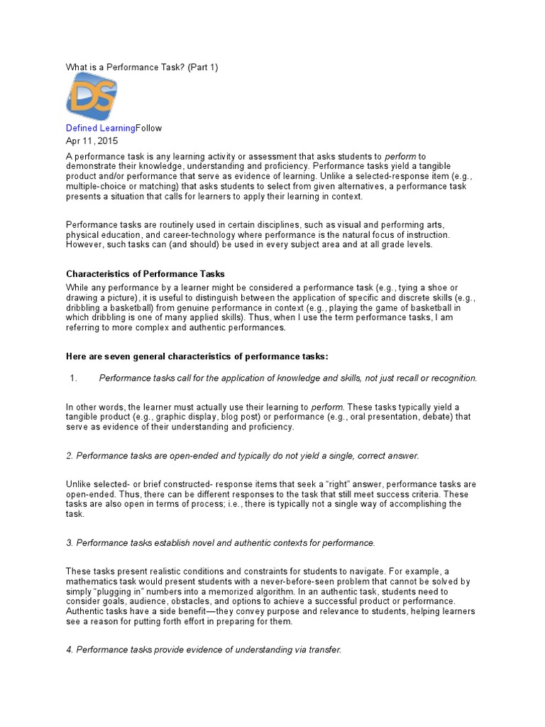 What Is A Performance Task | PDF | Educational Assessment | Learning