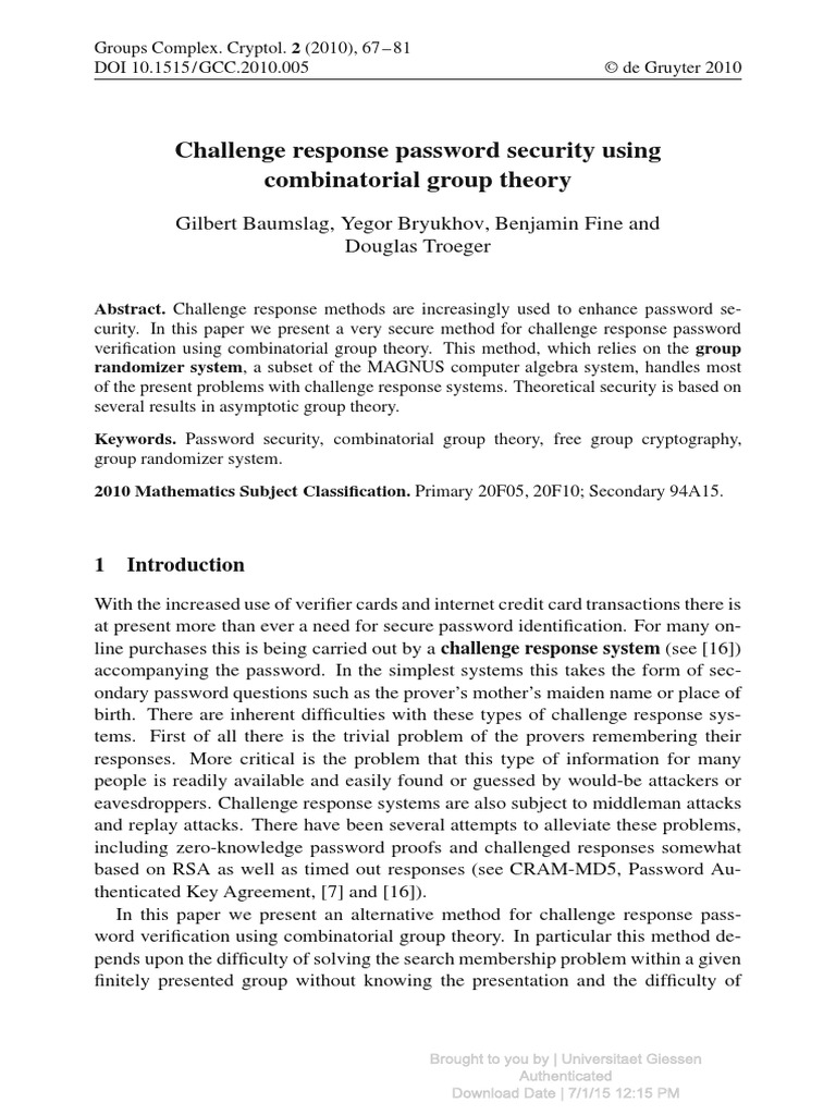 Challenge Response Password Security Using Combinatorial Group Theory | PDF | Group (Mathematics ...