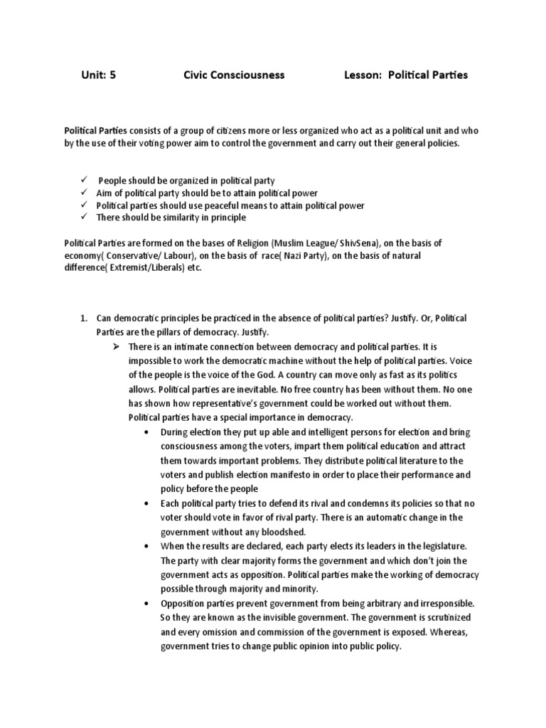 Unit: 5 Civic Consciousness Lesson: Political Parties | PDF | Voting ...