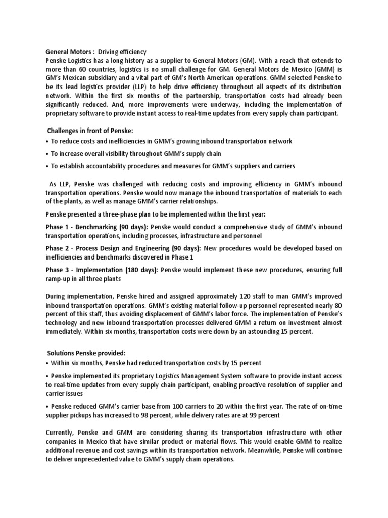 General Motors Case Study - Transportation Model | PDF | Logistics ...