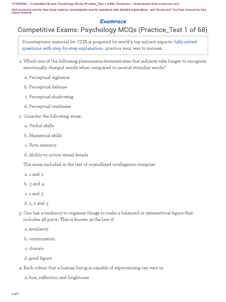 Psychology MCQs Practice Test 1 | PDF | Perception | Color