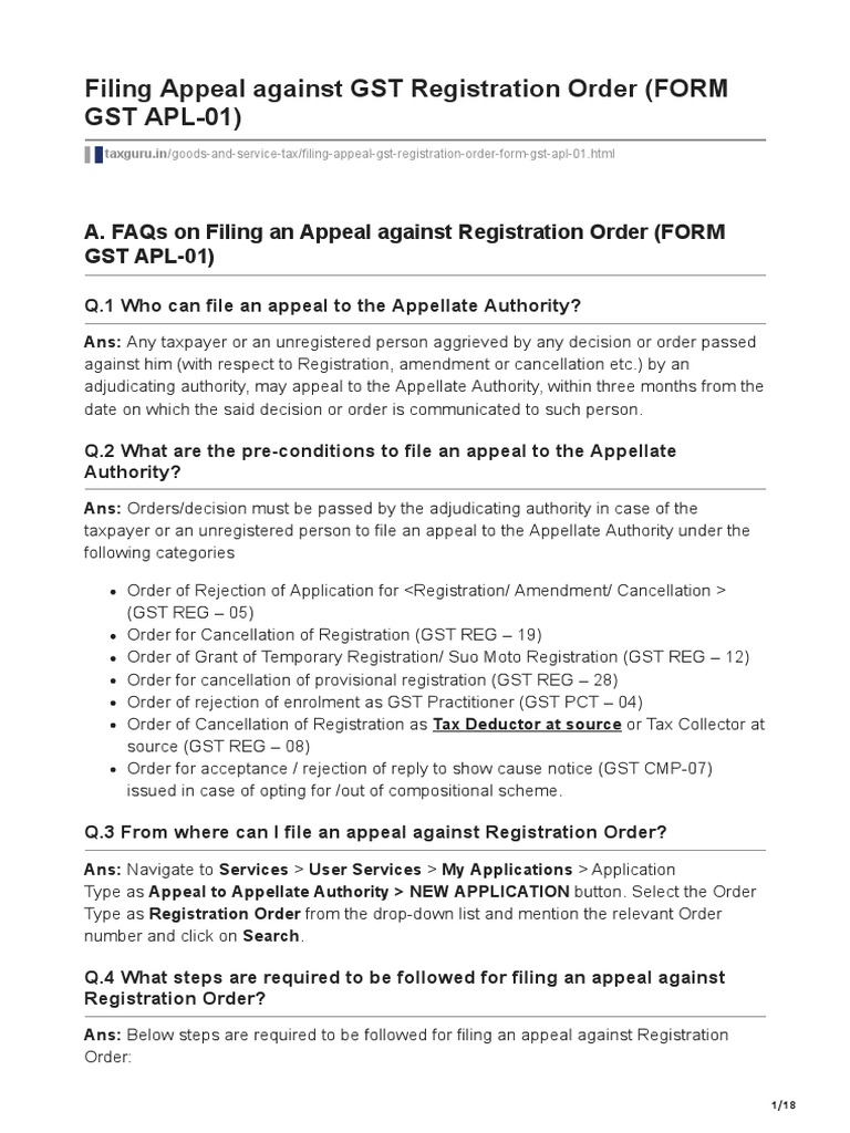 Taxguru - In-Filing Appeal Against GST Registration Order FORM GST APL ...