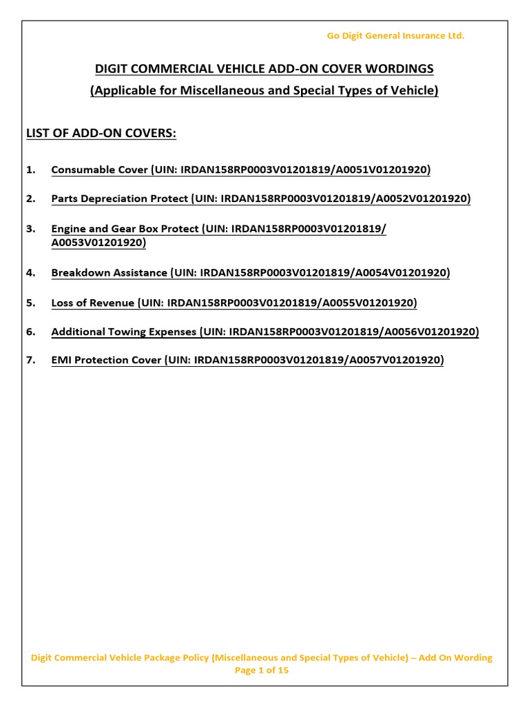 Digit Commercial Vehicle Package Policy (Miscellaneous and Special ...