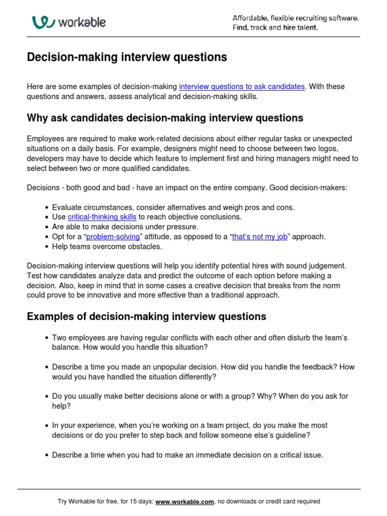 Why Ask Candidates Decision-Making Interview Questions | PDF | Decision ...