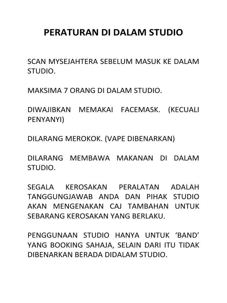 Peraturan Di Dalam Studio | PDF