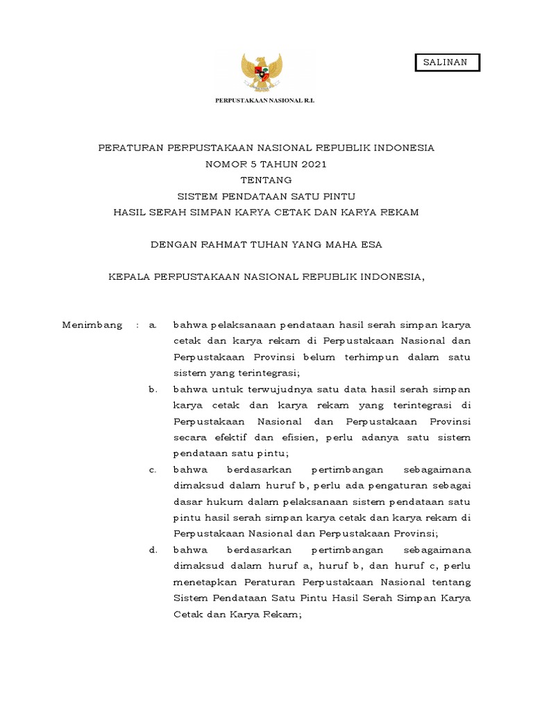 PERKA 5 2021 Sistem Pendataan Satu Pintu KCKR Perpusnas | PDF