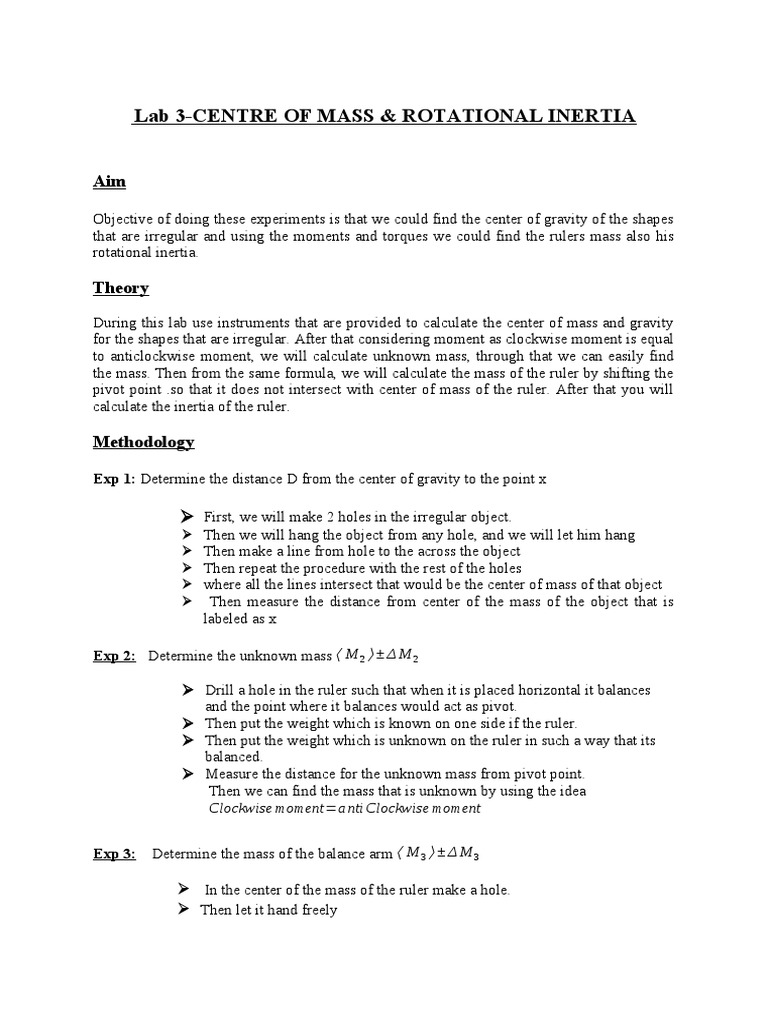 Centre of Mass and Rotational Inertia Lab | PDF | Center Of Mass | Mass