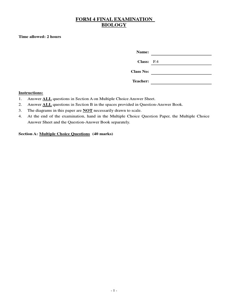 Form 4 Final Examination Biology: Time Allowed: 2 Hours | PDF | Cell ...