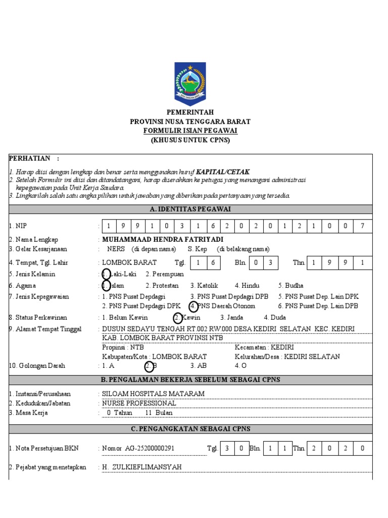 Formulir Isian Pegawai CPNS Pemprov NTB.2 | PDF