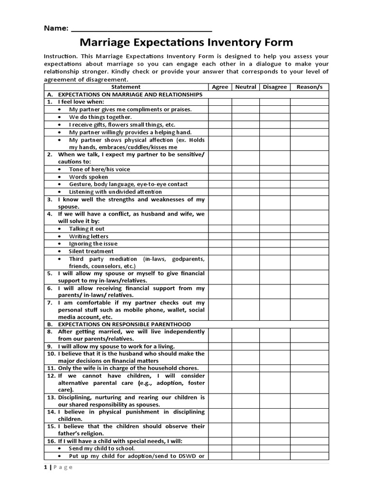 Marriage Expectations Inventory Form: Name | PDF | Childbirth | Family