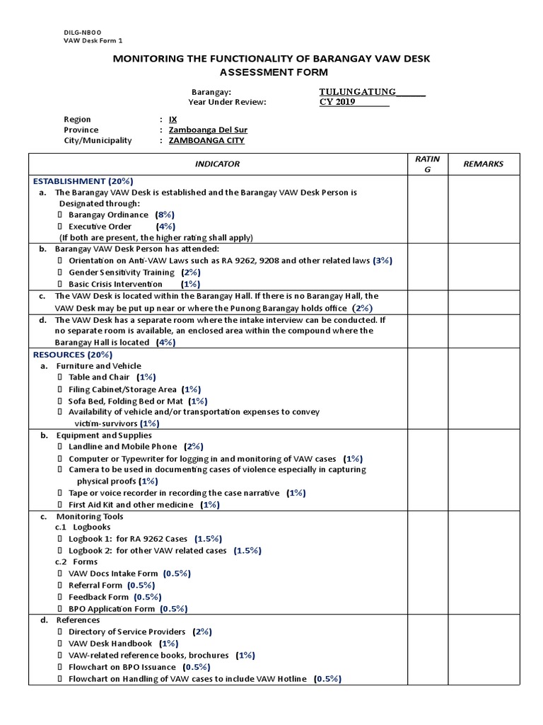 Monitoring The Functionality of Barangay Vaw Desk: Assessment Form ...