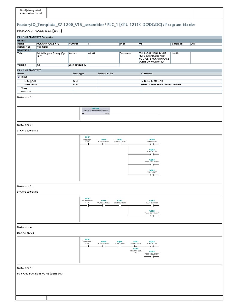 Ladder Diagram For Pick and Place Factory IO Scene. | PDF | Software ...