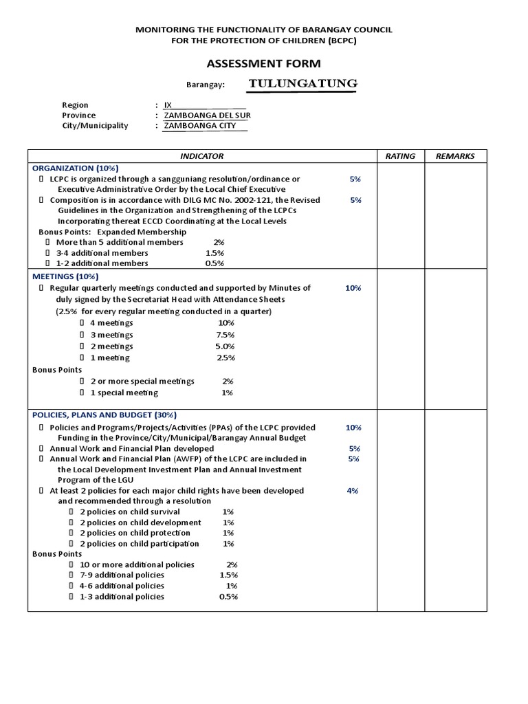 Assessment Form Tulungatung: Monitoring The Functionality of Barangay ...