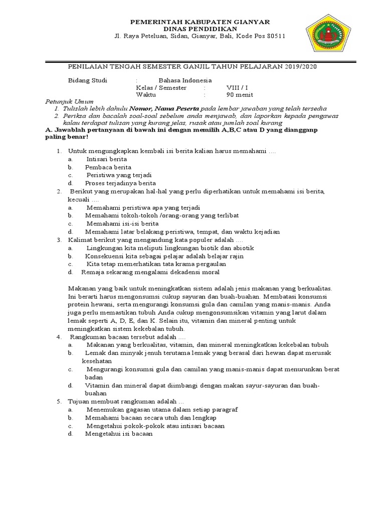 Soal PTS Bahasa Indonesia Kelas VIII | PDF | Karier & Perkembangan | Seni & Disiplin Bahasa