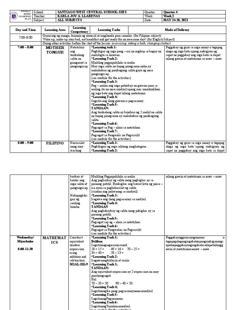 WHLP Q4 W2 Grade 1 | PDF