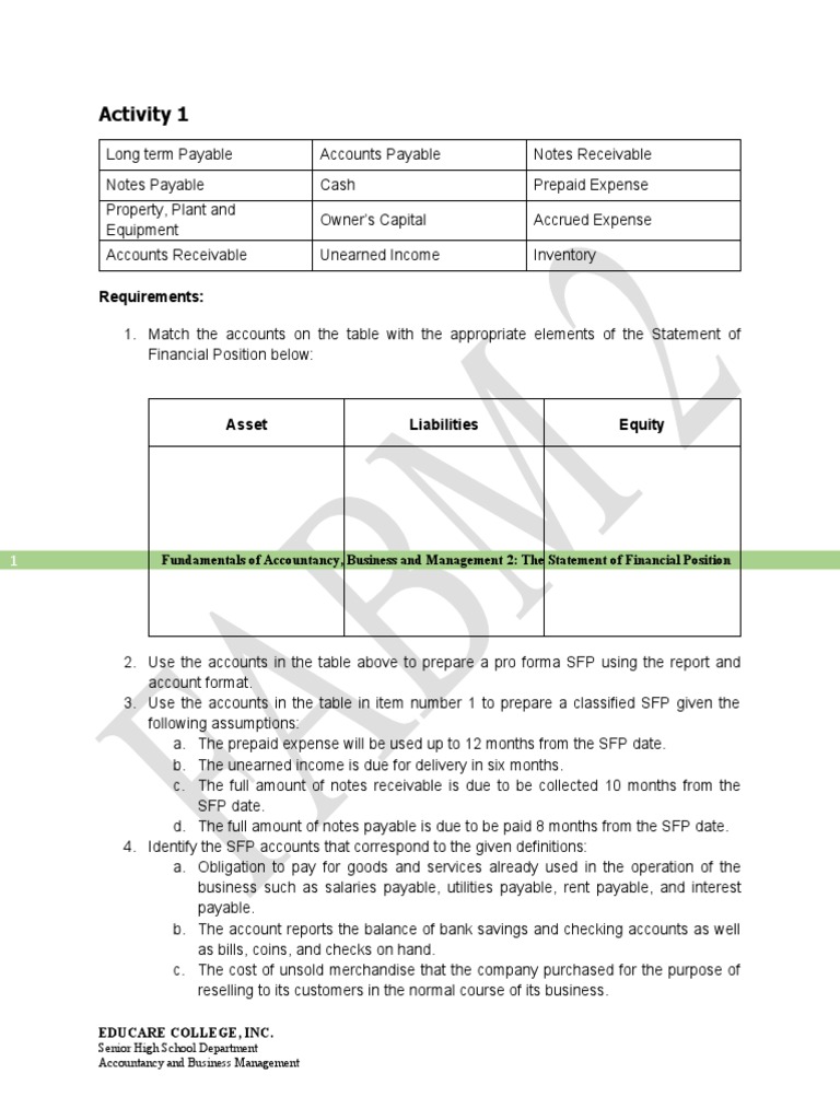 Lesson 1 - The Statement of Financial Position - Activity | PDF ...
