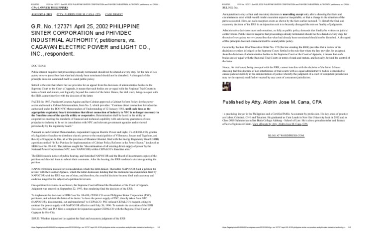 Philippine Sinter Corp vs CEPALCO Case Summary | PDF | Jurisdiction ...