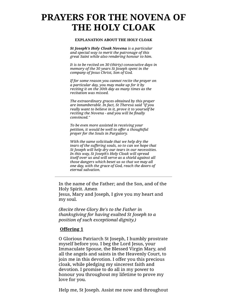 St Joseph's Holy Cloak Novena Prayers | PDF | Mary, Mother Of Jesus | Saint Joseph