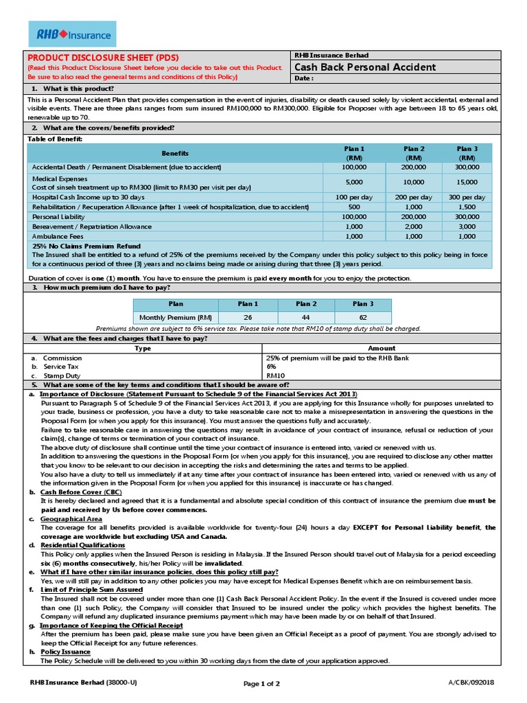 Cash Back PA Product Disclosure Sheet | PDF | Insurance | Risk