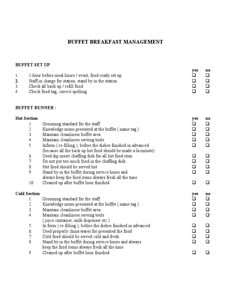 Buffet Breakfast Check List | PDF | Buffet | Foods