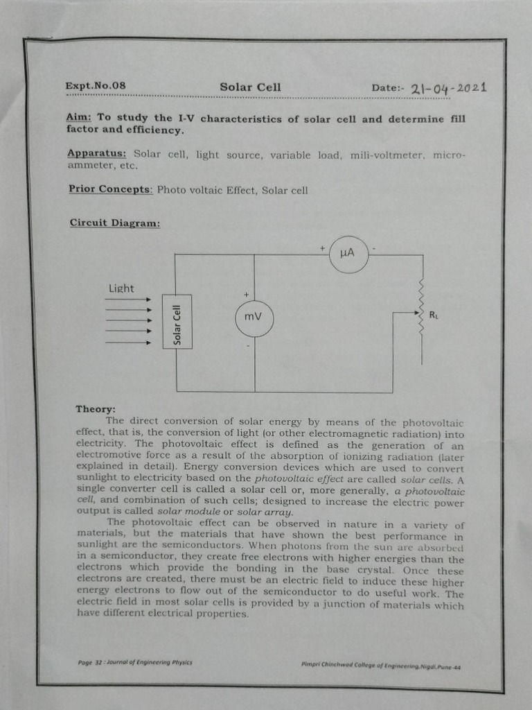 Expt - No.08 Solar Cell | PDF | Photovoltaics | Solar Cell