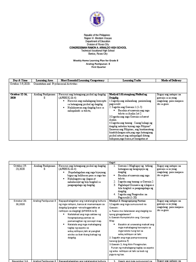 AP 8 Weekly Home Learning Plan October | PDF