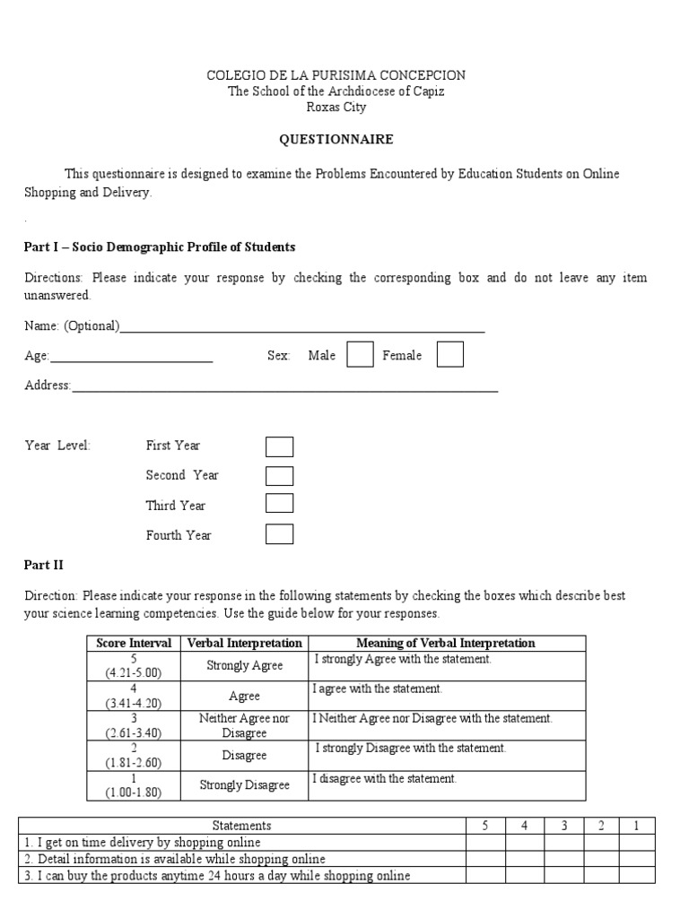 Questionnaire: Score Interval Verbal Interpretation Meaning of Verbal ...