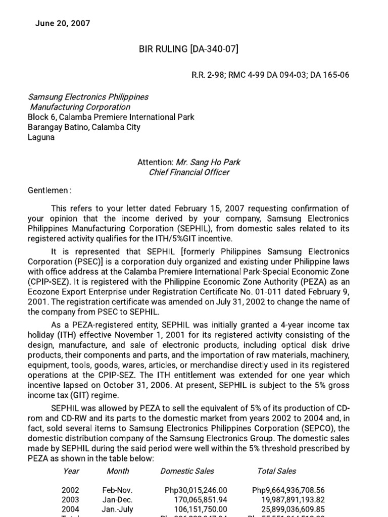 BIR Ruling (DA-340-07) Tax Treatment On Domestic Sales of A PEZA ...