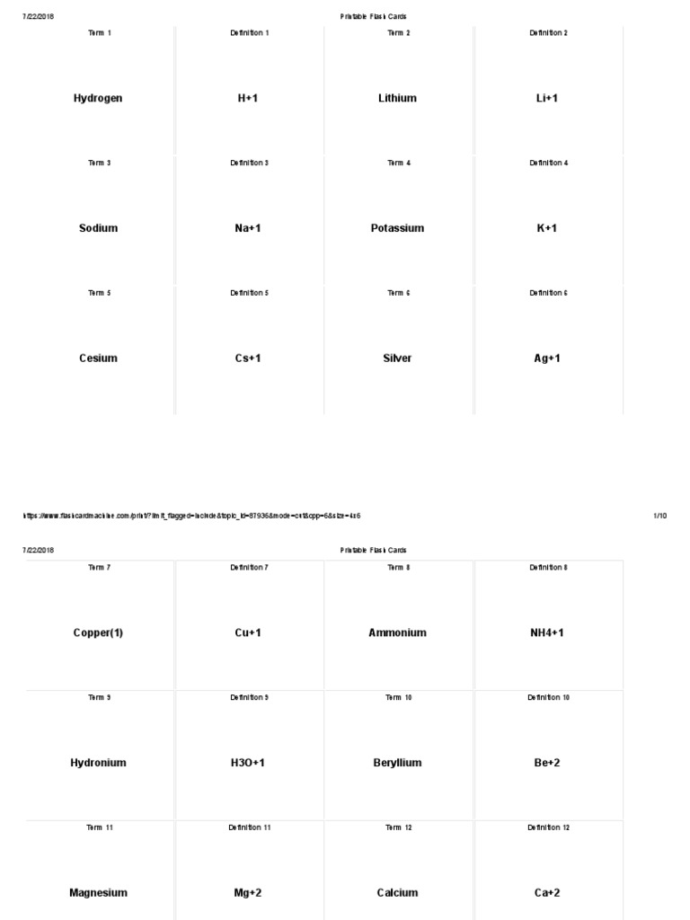 Printable Flash Cards | PDF | Calcium | Metals