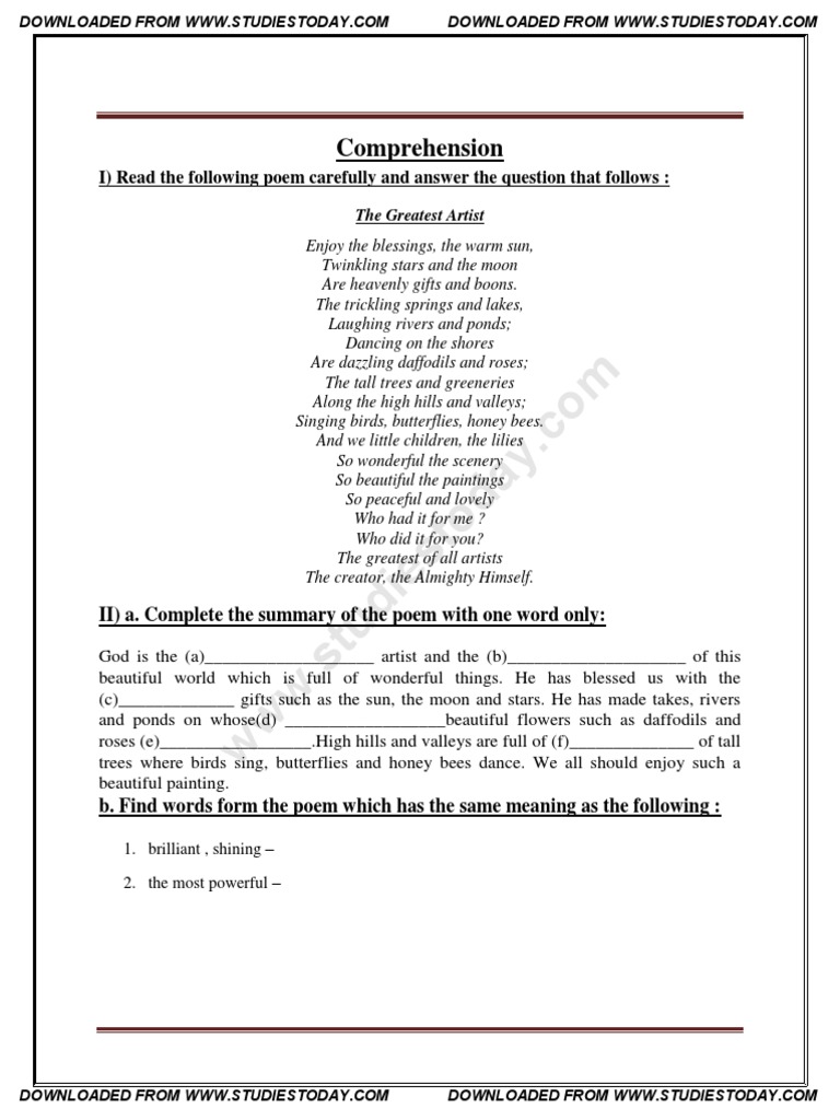 CBSE Class 8 English Worksheet Comprehension | PDF