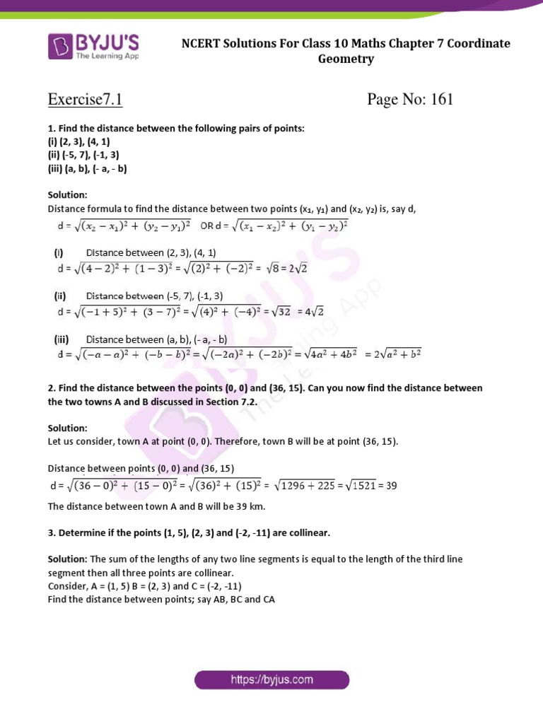 Exercise7.1 Page No: 161: NCERT Solutions For Class 10 Maths Chapter 7 Coordinate Geometry | PDF ...