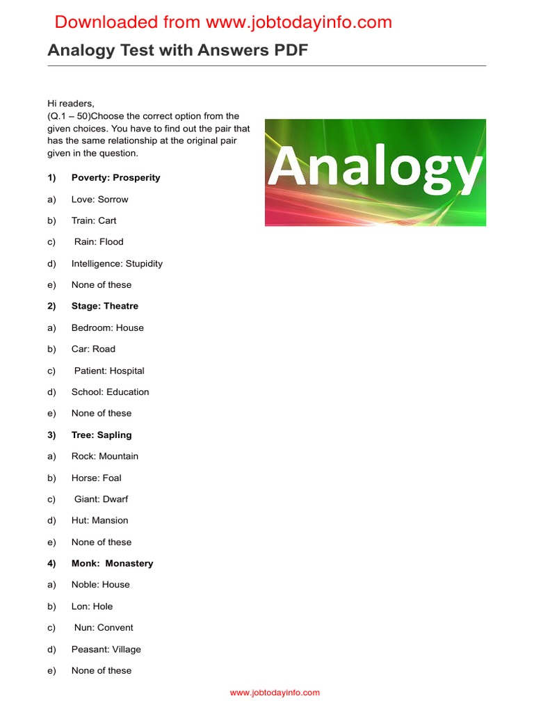 Analogy Test With Answers PDF | Download Free PDF | Drink
