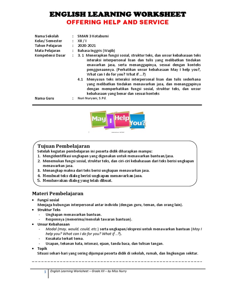 LEARNING WORKSHEET - BING XII - Offering Help | PDF