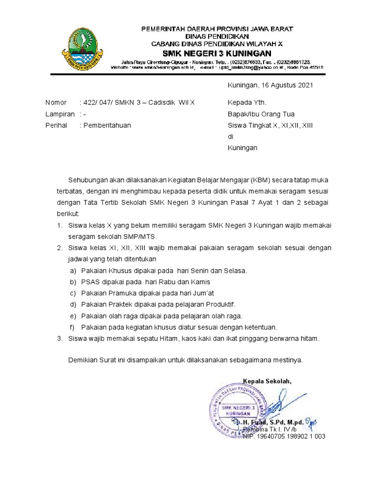Surat Pemberitahuan Pemakaian Seragam | PDF