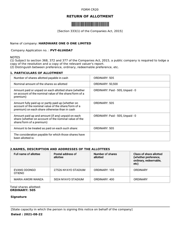 Cr-B61ex5zb-Return of Allotment | PDF