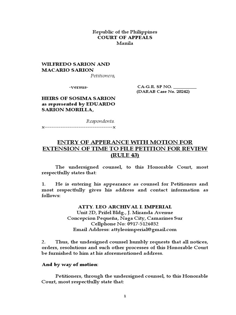 Motion For Extension of Time-Court of Appeals (Sarion) Petition For ...