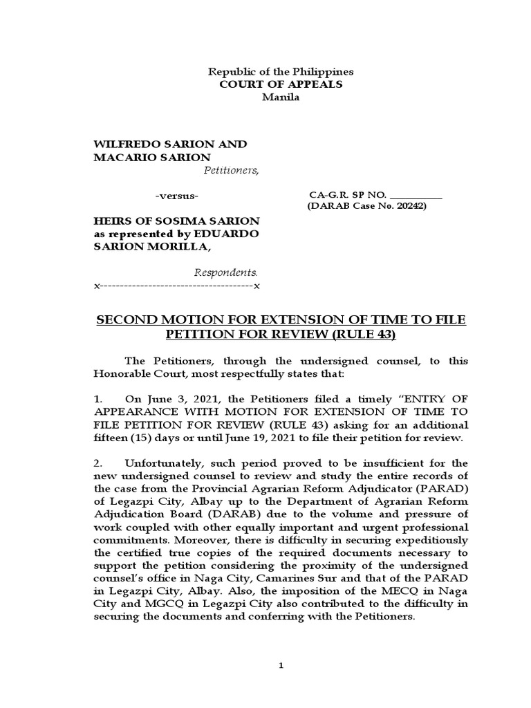 Second Motion For Extension of Time-Court of Appeals (Sarion) Petition For Review | PDF ...