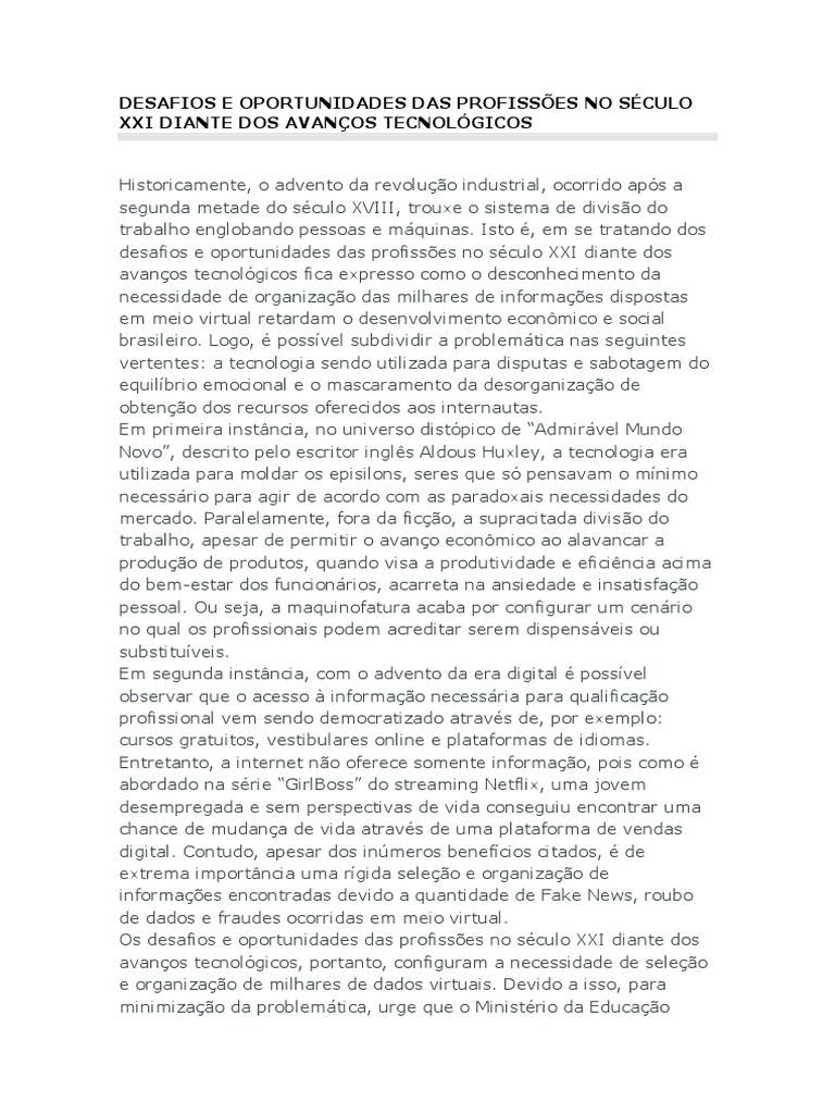 Desafios e Oportunidades Das Profissões No Século Xxi Diante Dos ... Desafios e Oportunidades Das Profissões No Século Xxi Diante Dos ...