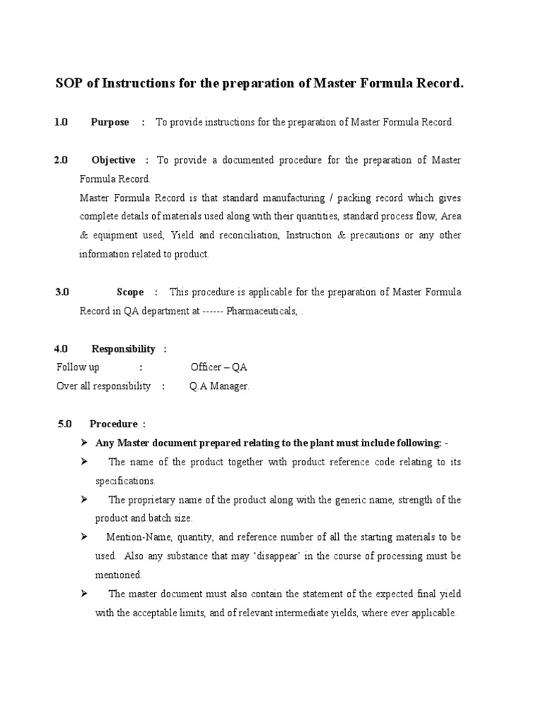 Master Formula Record Preparation SOP | PDF | Specification (Technical ...