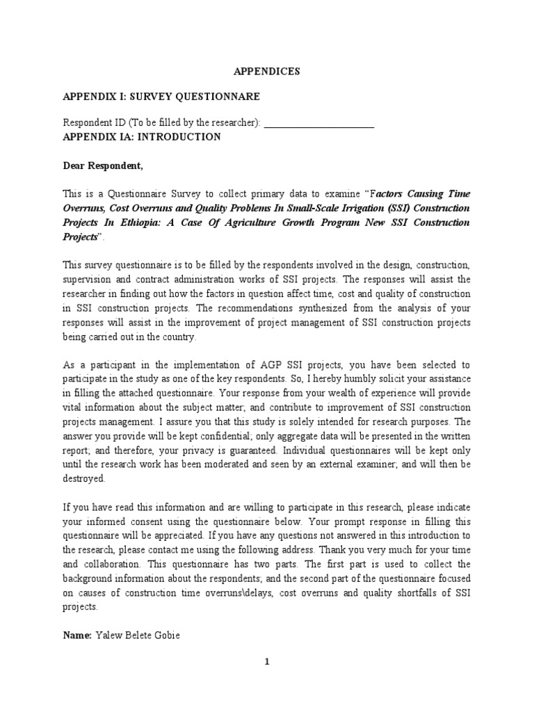 Appendices Appendix I: Survey Questionnare | PDF | Questionnaire | Consultant