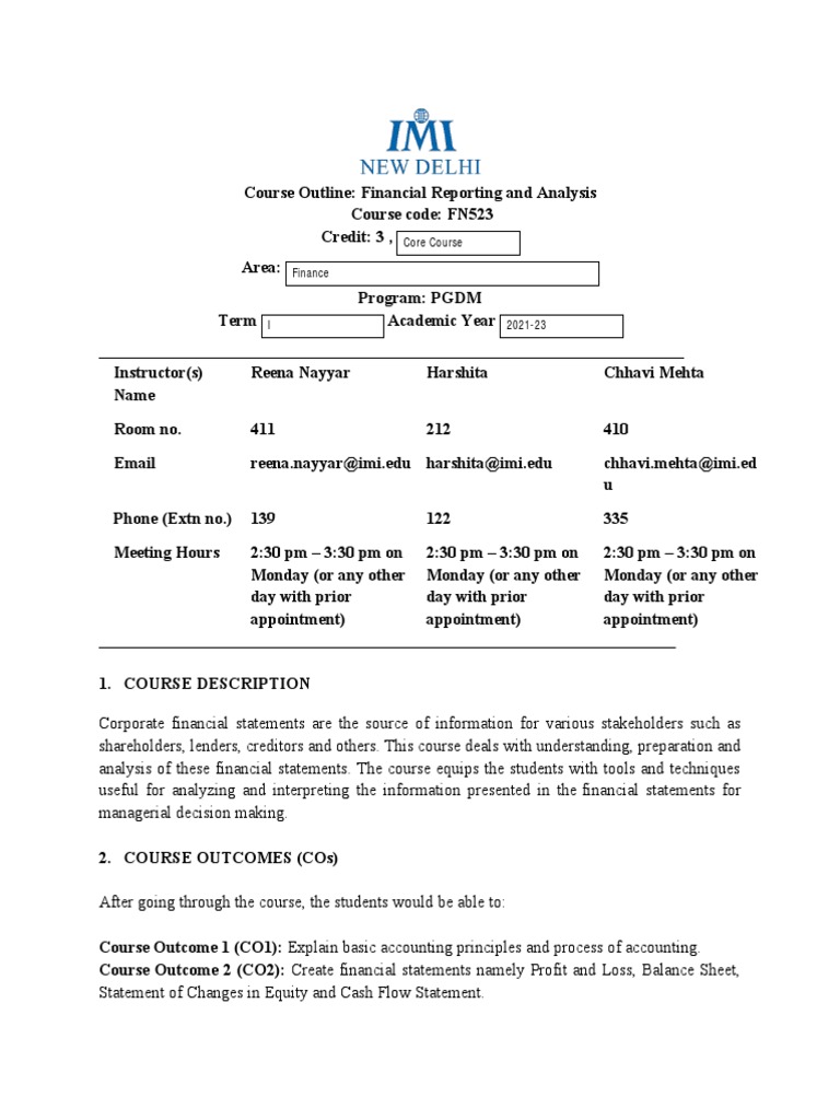 FRA Course Outline - PGDM 2021-23 | PDF | Income Statement | Balance Sheet