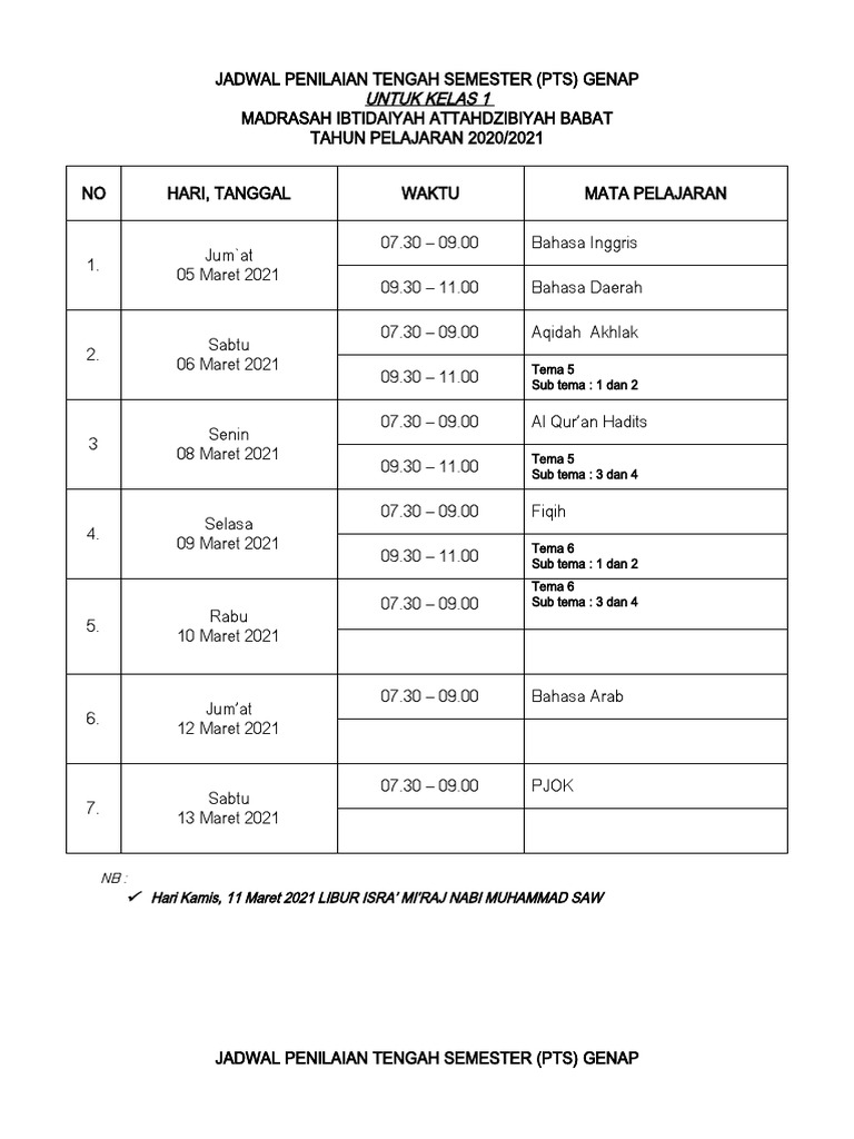 Jadwal PTS Genap 2020-2021 | PDF