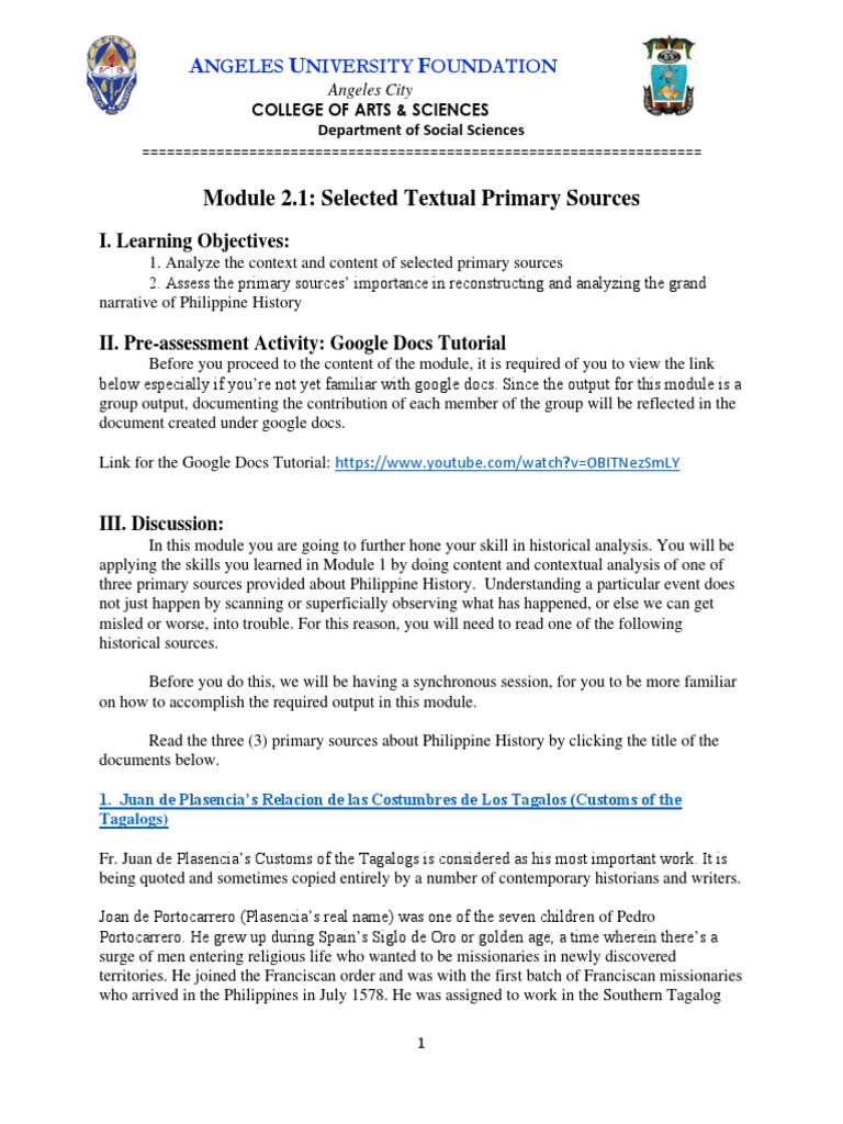 RPH Module 2.1 - Selected Textual Primary Sources FINAL VERSION | PDF | Philippines