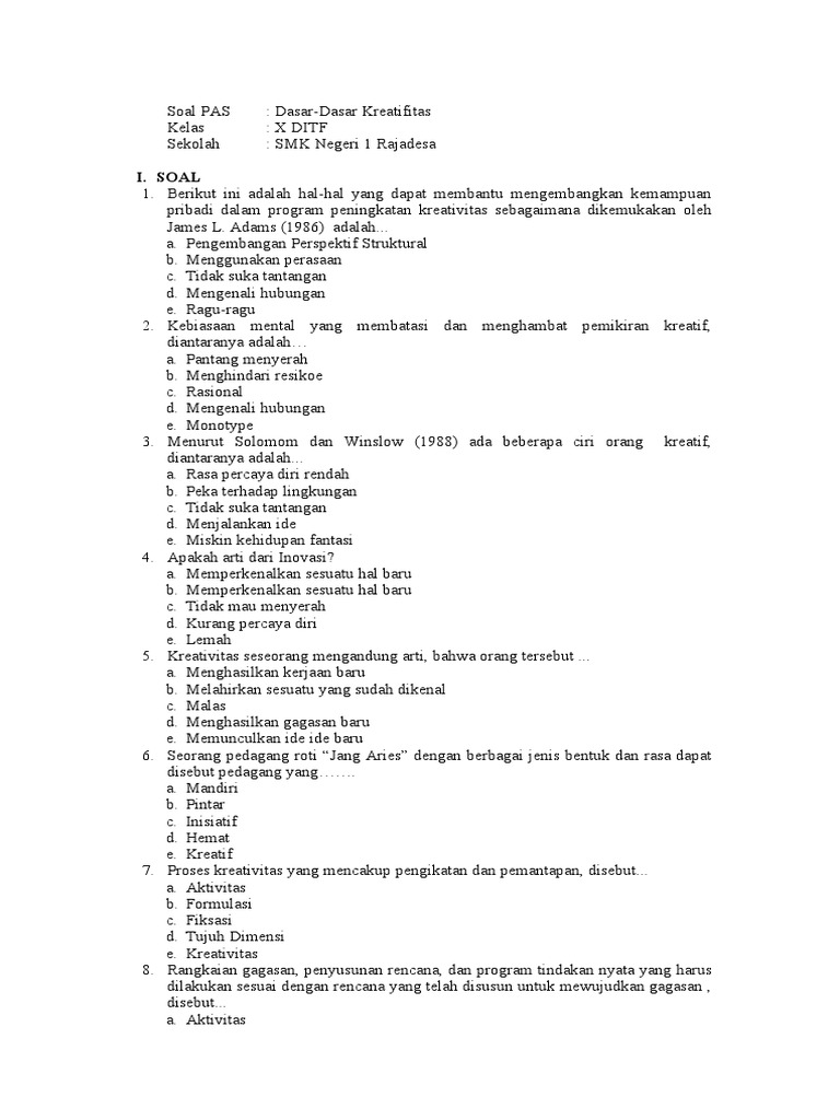 Soal Dasar KreatifitasL | PDF