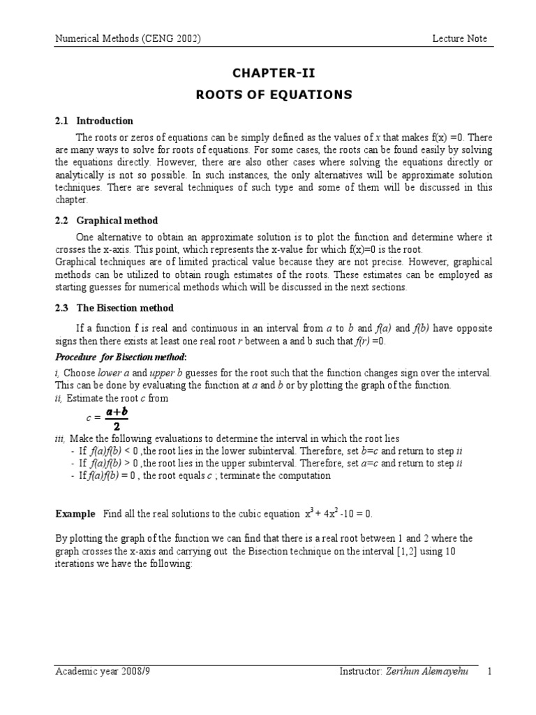 Chapter Ii Roots Of Equations Procedure For Bisection Method Pdf Numerical Analysis