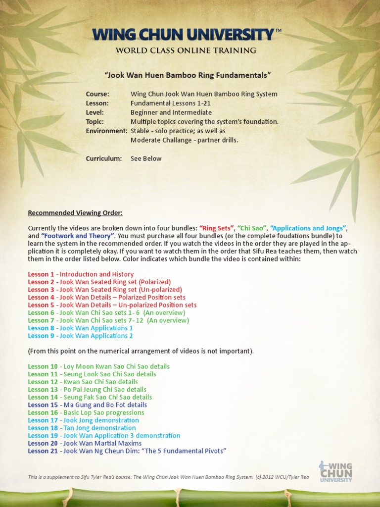 Jook Wan Huen Bamboo Ring Fundamentals | PDF | Wing Chun | Combat